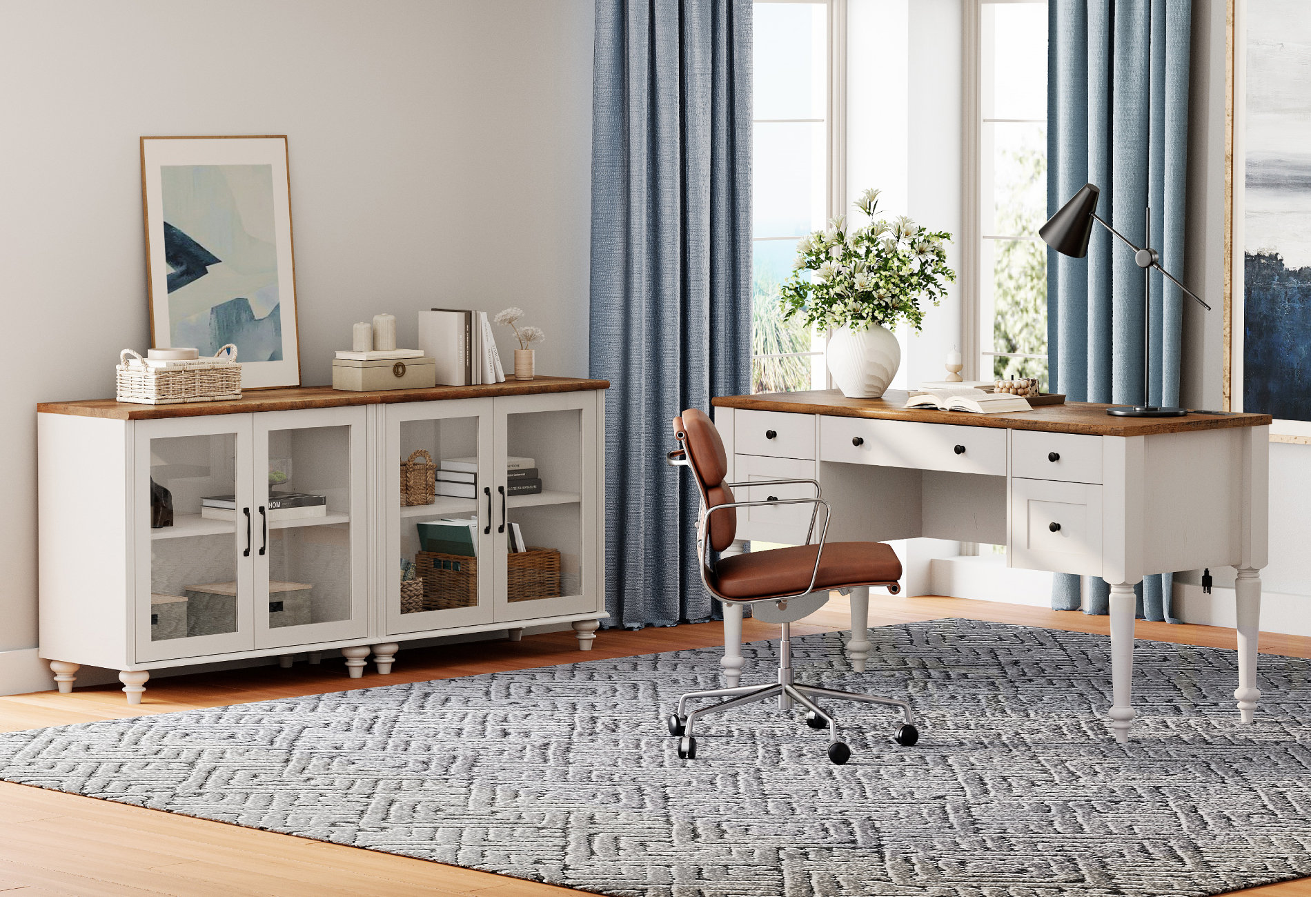 Winston Porter 2 Piece Office Set, 56" Executive Desk & Set Of 2 Cabinets With Glass Door, White ...